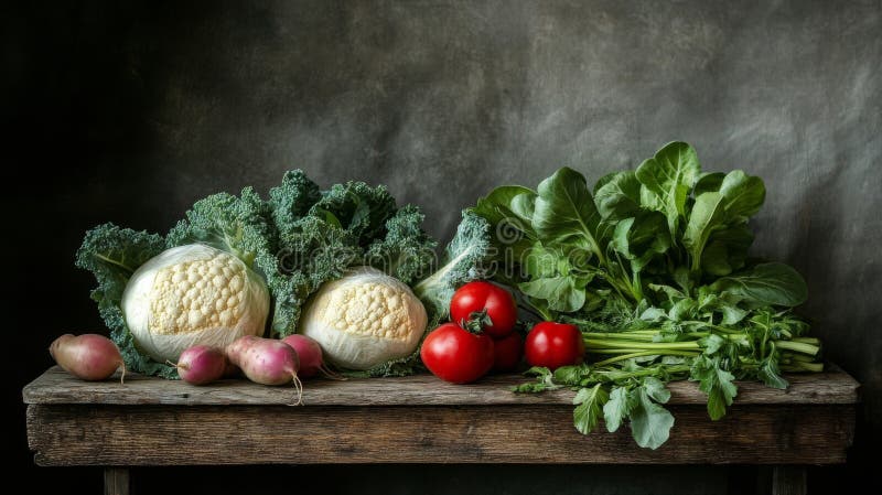 Rustic Still Life Featuring Fresh Vegetables and Greens Stock ...