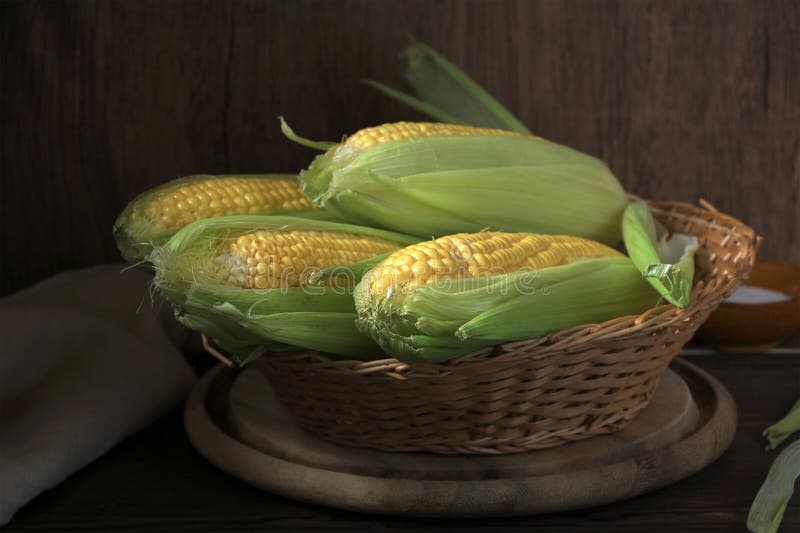 Rustic Still Life with Fresh Corn in the Basket Stock Photo - Image of ...