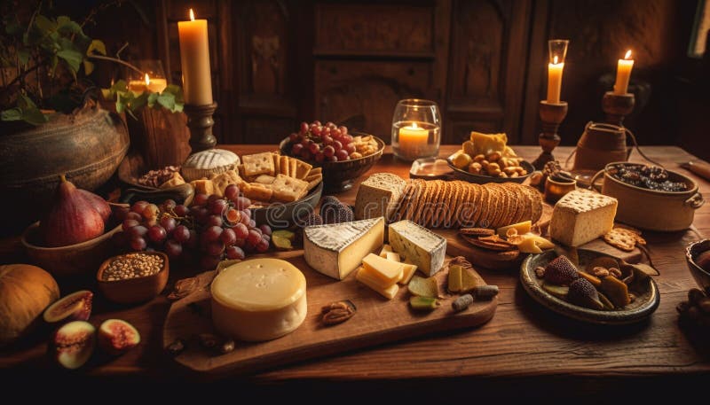 Rustic Still Life of Gourmet Cheese and Wine Generated by AI Stock ...