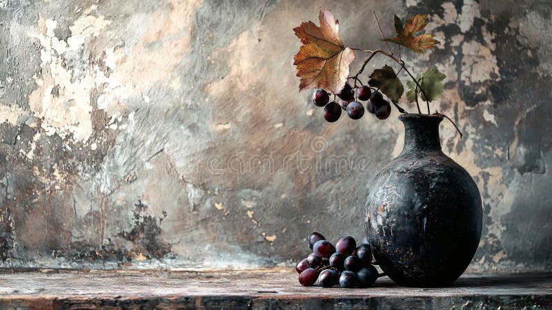 Rustic Still Life with Grapes and a Weathered Vase in an Artistic ...