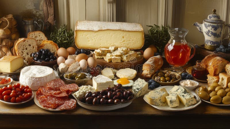 Rustic Still Life of a Mediterranean Cheese and Bread Platter Stock ...