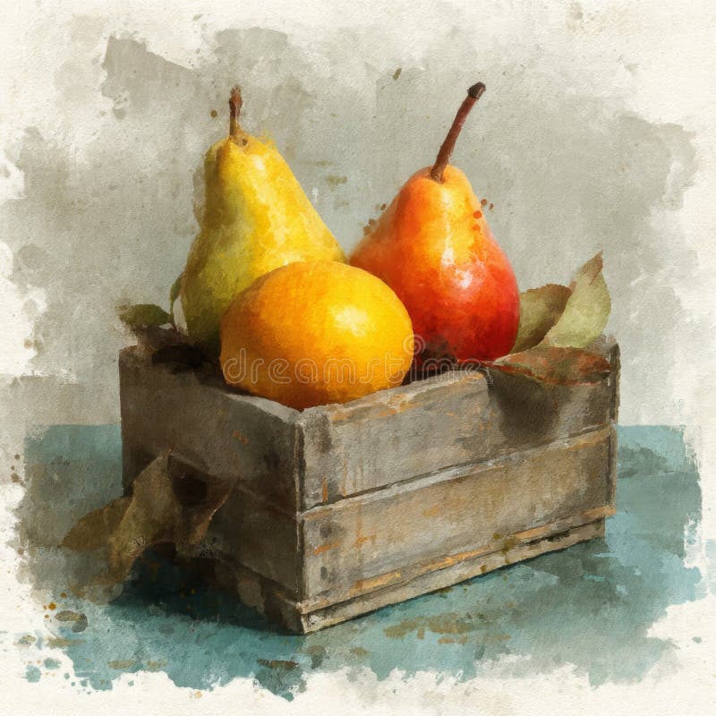 Rustic Still Life with Pears and Orange in Wooden Box Stock ...