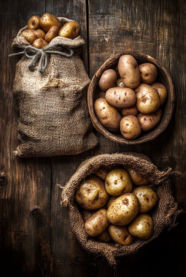 A Rustic Still Life with Potatoes in a Burlap Sack and Bowl Stock Photo ...