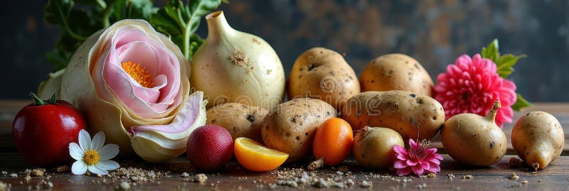 Rustic Still Life Potatoes Flowers Fresh Vegetables Wooden Table Stock ...