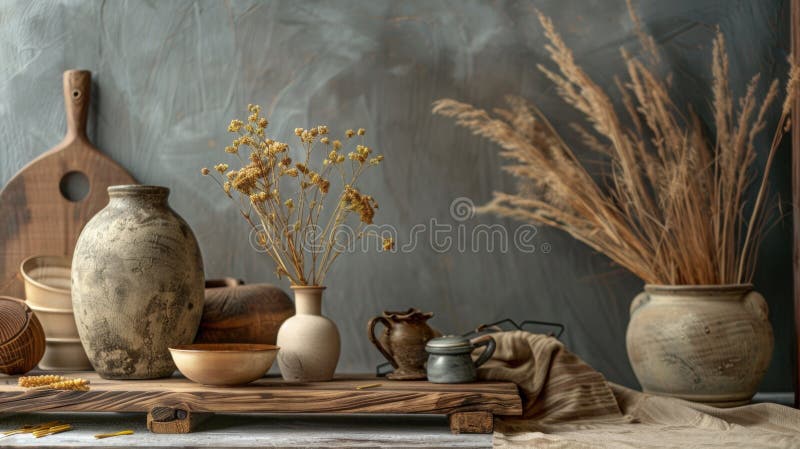 Rustic Still Life with Pottery and Dried Flowers Stock Photo - Image of ...