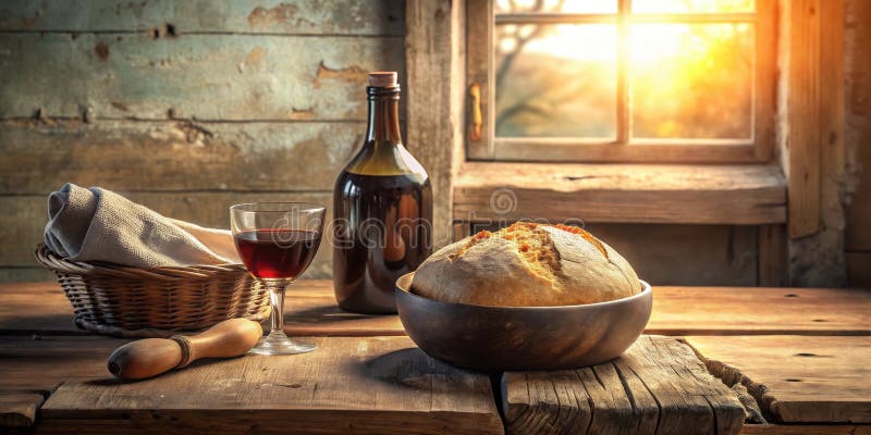 Rustic Still Life a Simple Meal of Bread, Wine, and Linen in a Sunlit ...