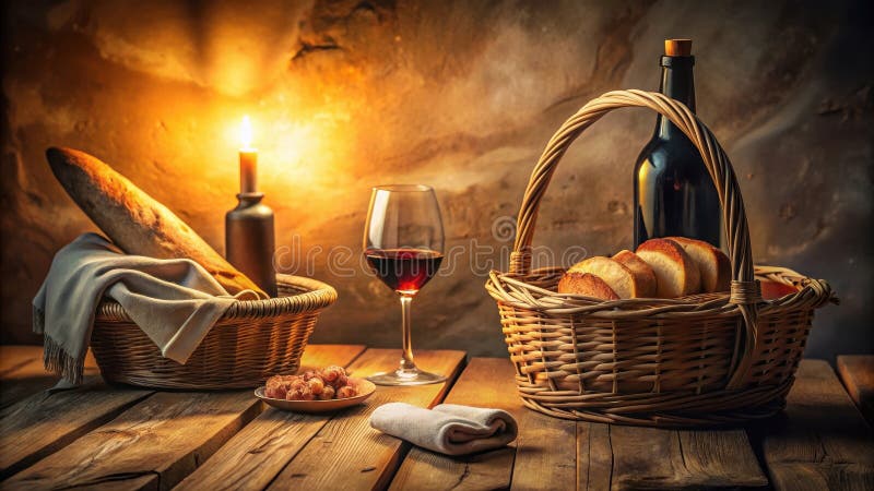Rustic Still Life a Simple Supper of Bread, Wine, and Candlelight in a ...