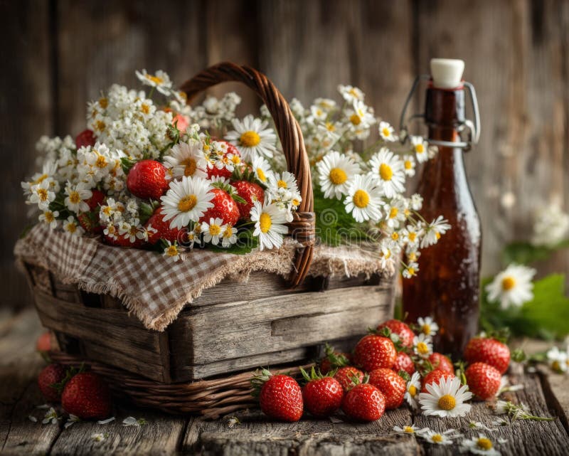 Rustic Still Life with Strawberries and Daisies Stock Illustration ...