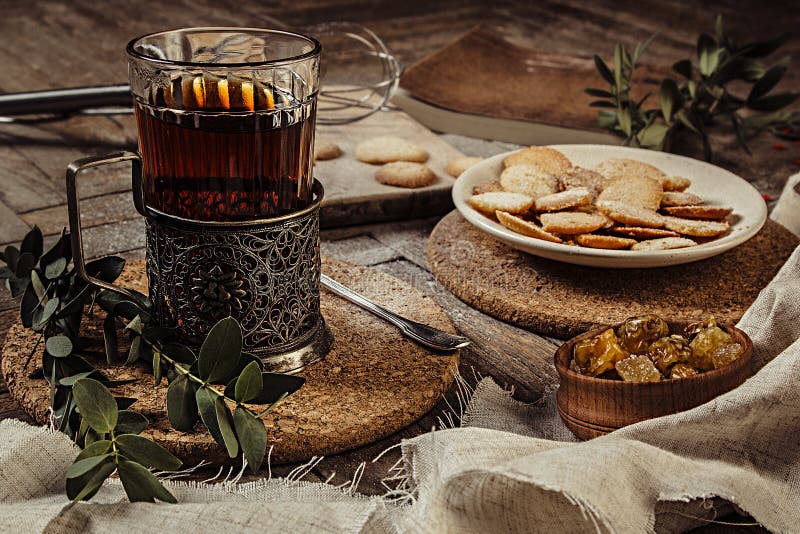 The Rustic Still Life with Tea and Sweet Cookie. Stock Image - Image of ...