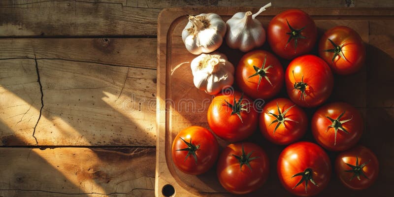 Rustic Still Life with Tomatoes and Garlic on Wooden Background. Stock ...