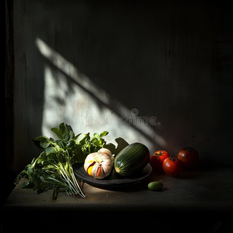 Rustic Still Life with Vegetables in Dramatic Light and Shadow Stock ...