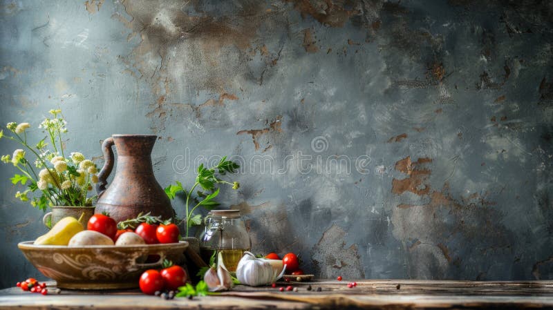 Rustic Still Life with Vegetables and Pottery Stock Image - Image of ...
