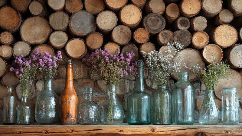 Rustic Still Life with Vintage Glass Bottles and Flowers Stock ...