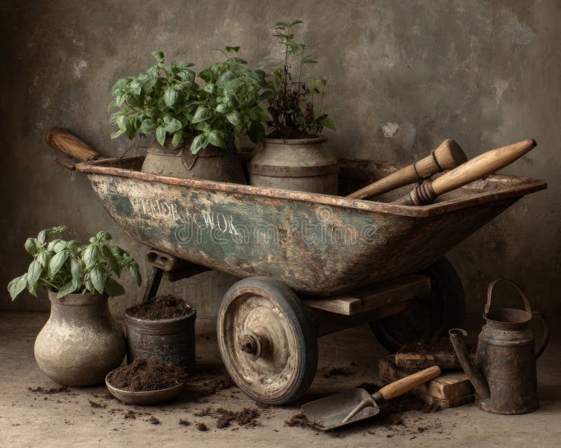 Rustic Still Life of Weathered Wheelbarrow with Herbs Stock ...