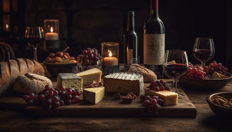 A Rustic Still Life Wine, Bread, Cheese, and Prosciutto Appetizer ...