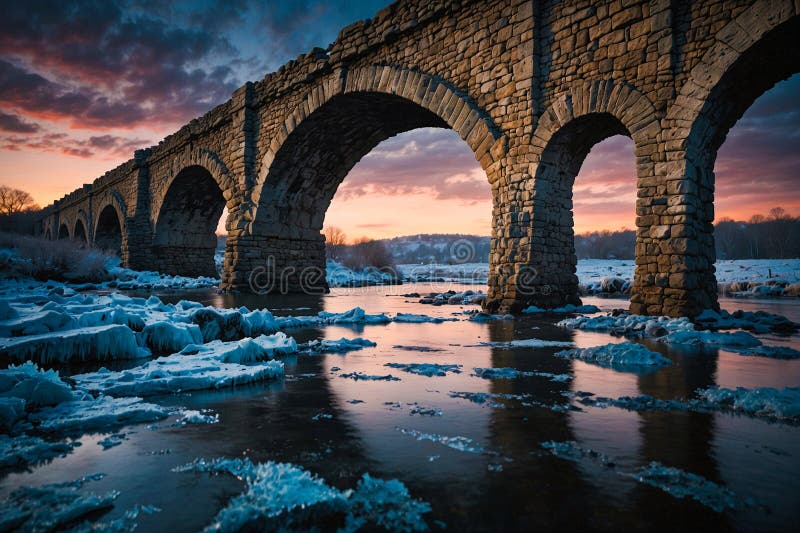 Rustic Stone Arch Bridge Over Partially Frozen River at Sunset Stock ...