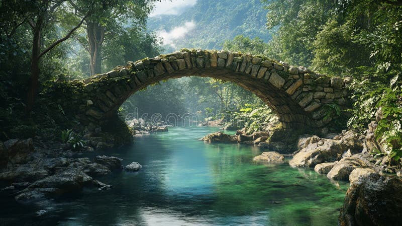 A Rustic Stone Bridge Crossing a Clear River in a Dense Forest Pic ...