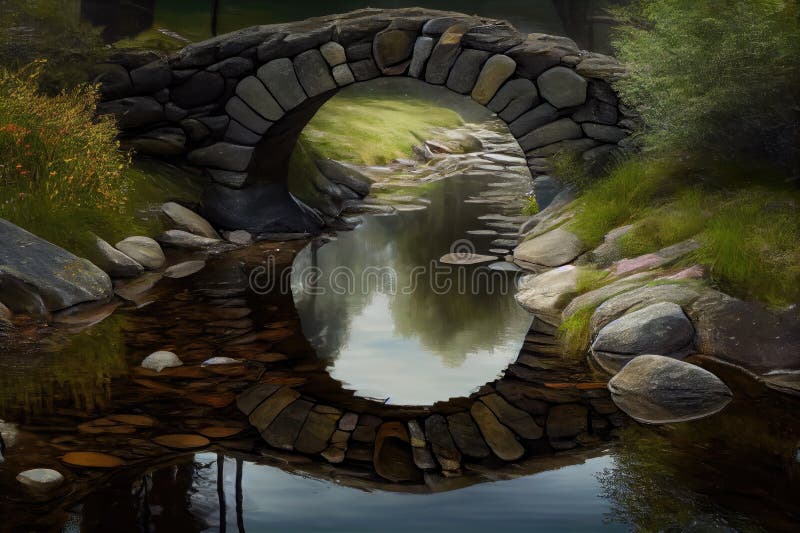 Rustic Stone Bridge Over Babbling Brook, with Reflection in the Water ...