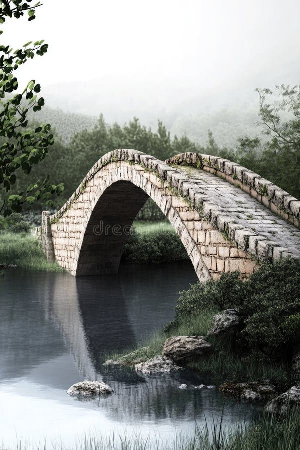 Rustic Stone Bridge Over Stream Stock Image - Image of generated ...