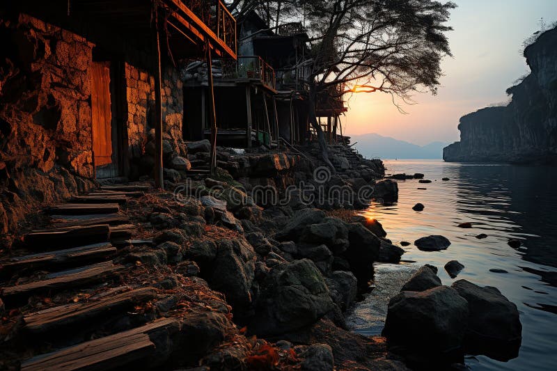 Sunset at Rustic Lakeside Stone Cabin. Generative AI Stock Illustration ...