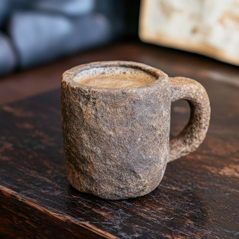 Rustic Stone Coffee Mug on Wooden Table Stock Illustration ...