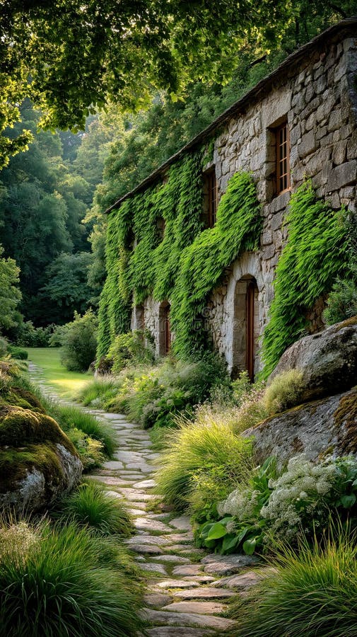 Rustic Stone Cottage with Ivy in Lush Forest Setting Stock Illustration ...