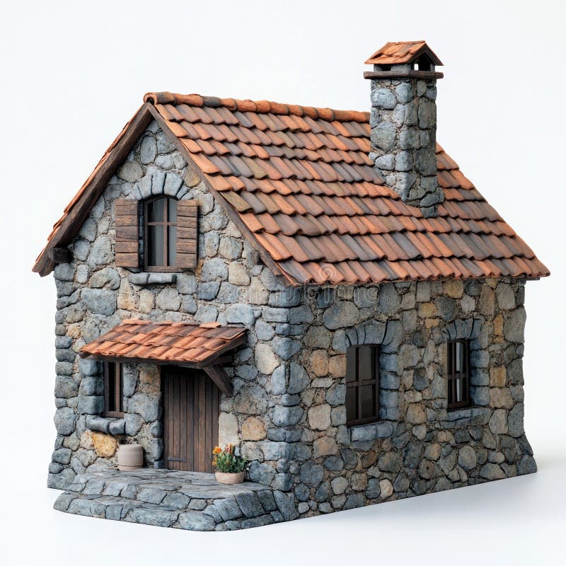 Rustic Stone Cottage Model, White Background Stock Illustration ...