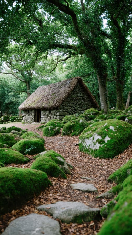 Rustic Stone Cottage Thatched Roof Lush Green Forest Stock Photos ...