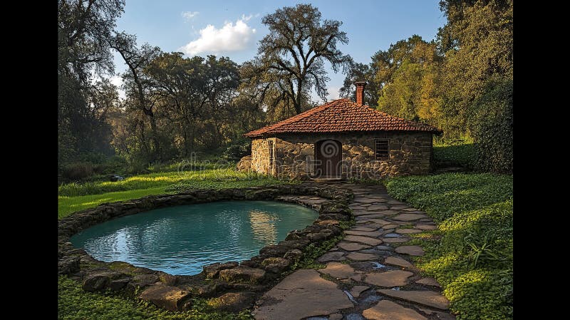 Rustic Stone Cottage beside a Tranquil Pool in a Lush Park Stock ...