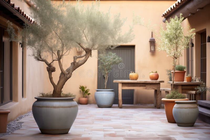 Rustic Stone Courtyard with an Olive Tree and Earthenware Pots Stock ...