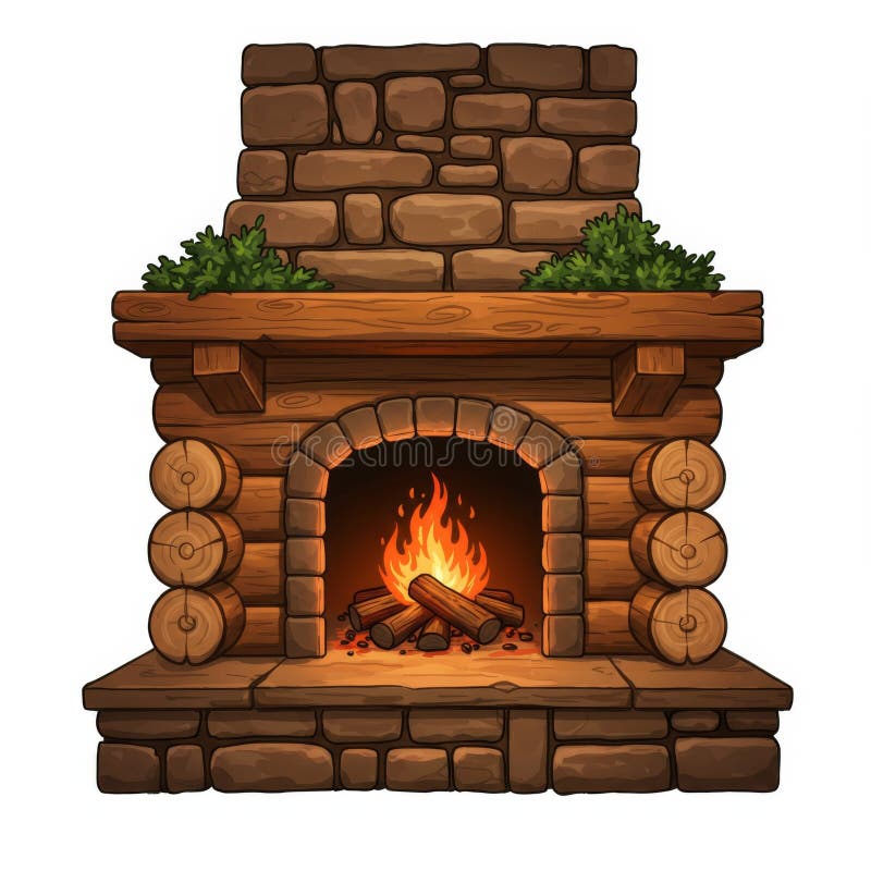 Rustic Stone Fireplace with Burning Fire and Wood Logs Stock ...