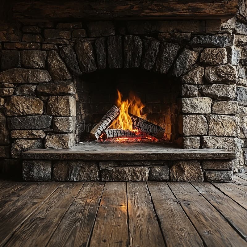 Cozy Rustic Fireplace with Burning Wood Logs and Stone Hearth Design ...
