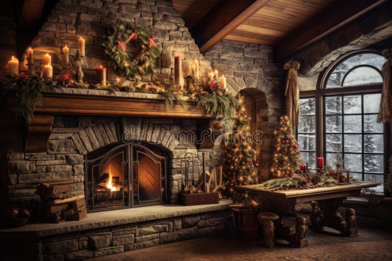 Rustic Stone Fireplace with Festive Holiday Decorations Stock ...
