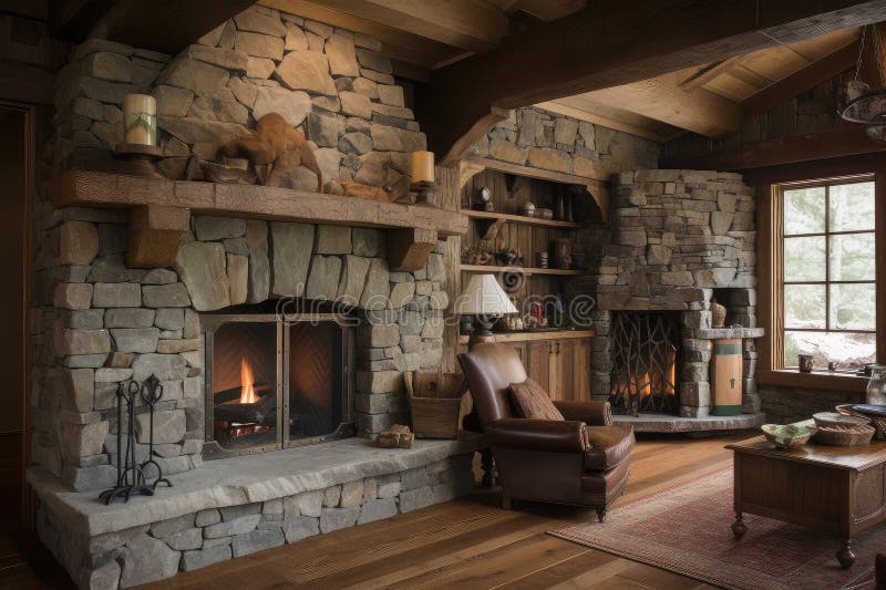 Rustic Stone Fireplace with Natural Materials and Textures Stock ...