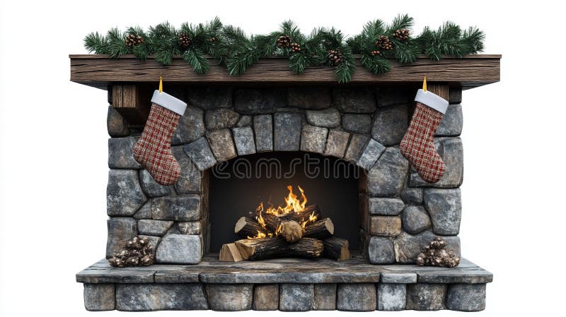 Rustic Stone Fireplace with Stockings, Ready for a Cozy Night Stock ...