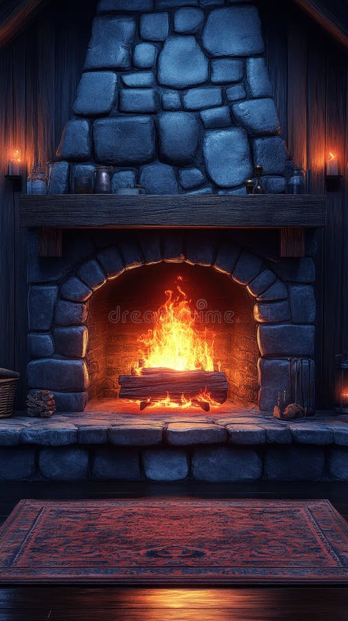 Rustic Stone Fireplace with Vibrant Flames in Cozy Interior Stock Image ...