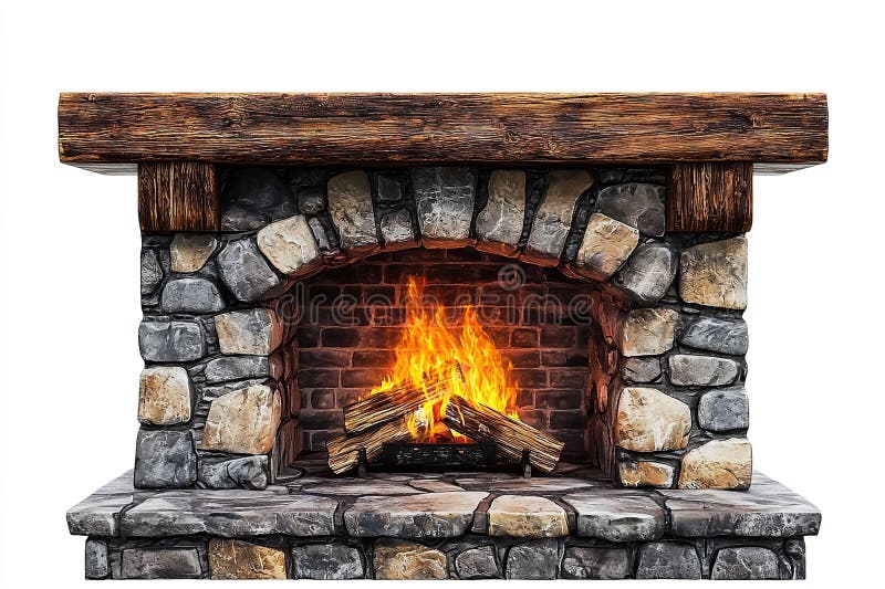 Rustic Stone Fireplace with a Wooden Mantel and Burning Fire Isolated ...