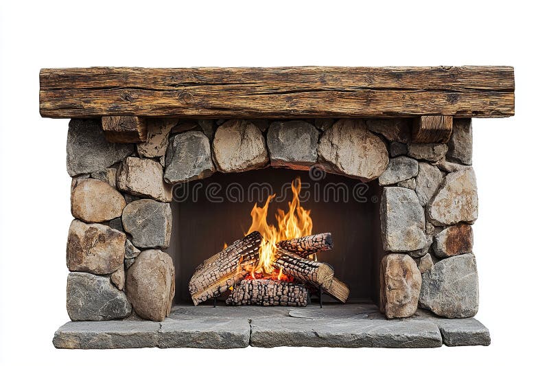 Rustic Stone Fireplace with a Wooden Mantel and Burning Fire Isolated ...
