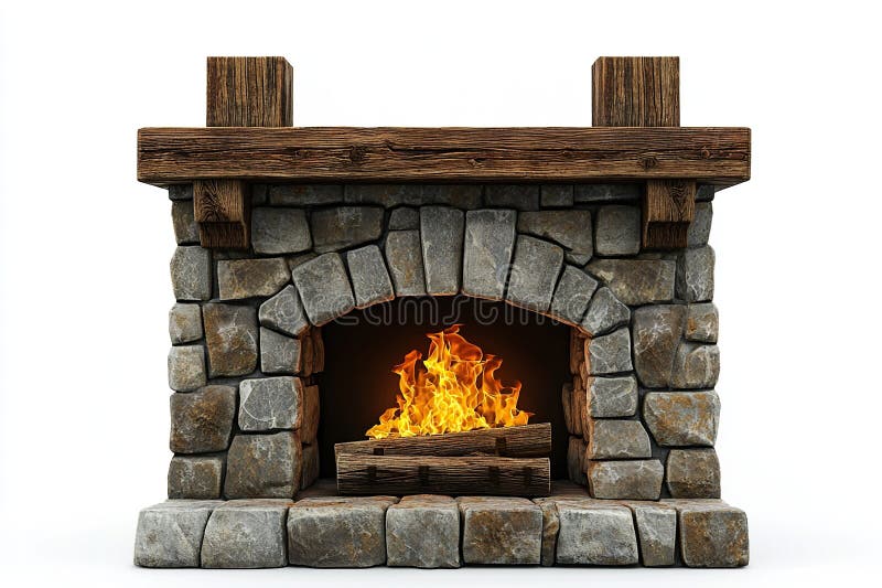 Rustic Stone Fireplace with a Wooden Mantel and Burning Fire Isolated ...