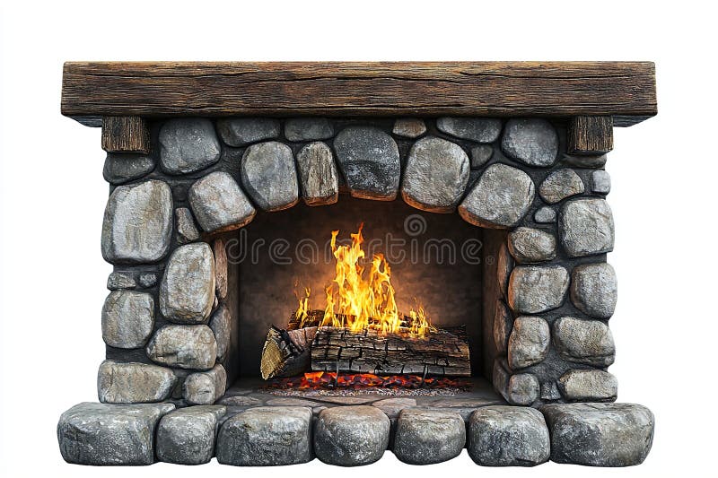 Rustic Stone Fireplace with a Wooden Mantel and Burning Fire Isolated ...