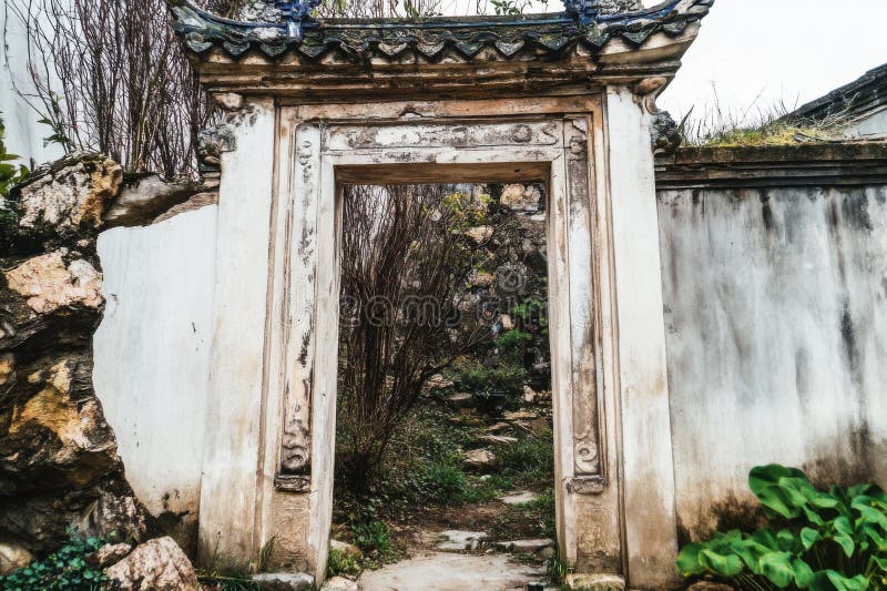 Rustic Stone Gateway Entrance To Chinese Garden Pathway Stock ...