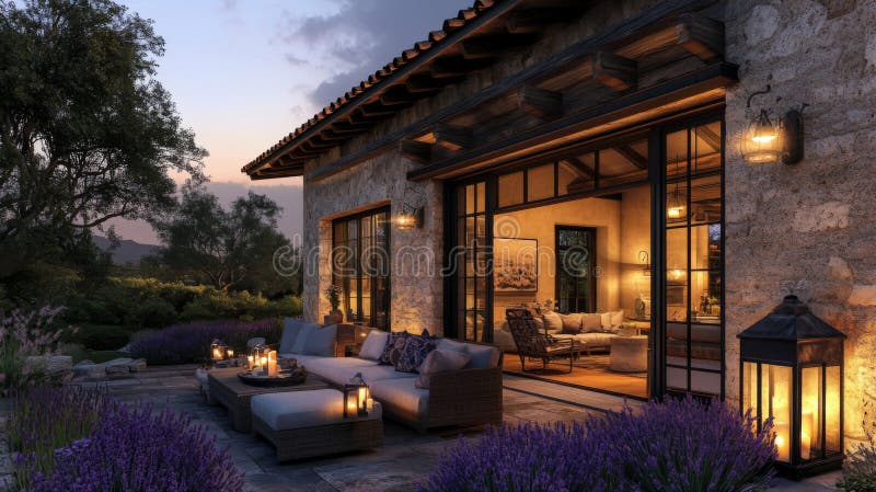 Rustic Stone House with Evening Patio Lighting Stock Illustration ...