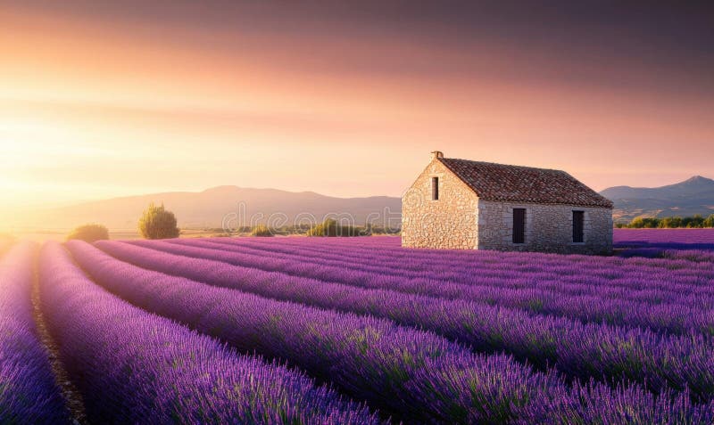 Rustic Stone House in Lavender Fields at Sunset Stock Photo - Image of ...