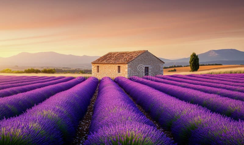 Rustic Stone House in Lavender Fields at Sunset Stock Image - Image of ...