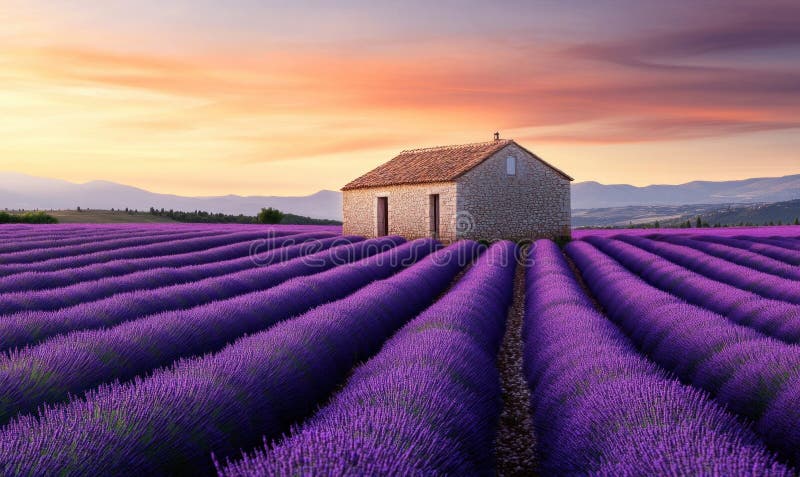 Rustic Stone House in Lavender Fields at Sunset Stock Photo - Image of ...