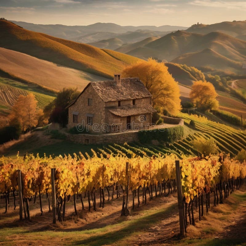 A Rustic Stone House Overlooks an Autumn Vineyard, Its Beautiful Fall ...