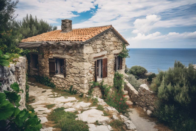 Rustic Stone House, Surrounded by Lush Greenery, Overlooking the Sea ...