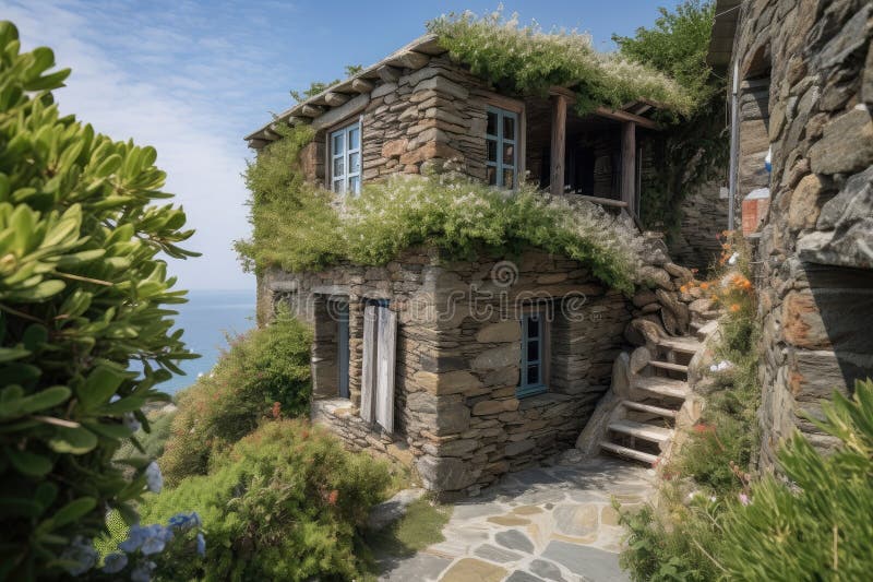 Rustic Stone House, Surrounded by Lush Greenery, Overlooking the Sea ...