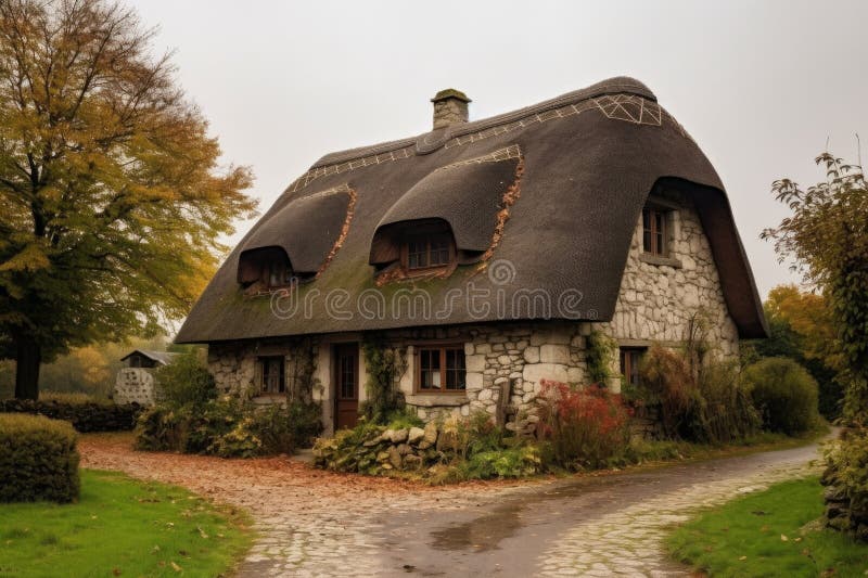 Rustic Stone House with a Thatched Roof Stock Illustration ...