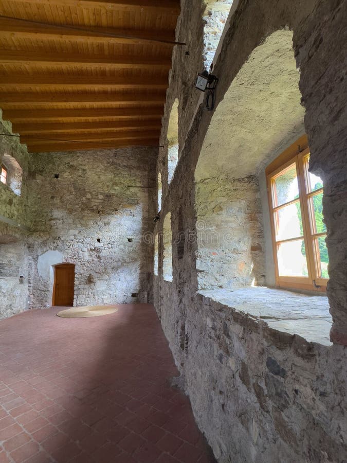 Rustic Stone Interior of Historic Building with Wooden Ceiling and ...
